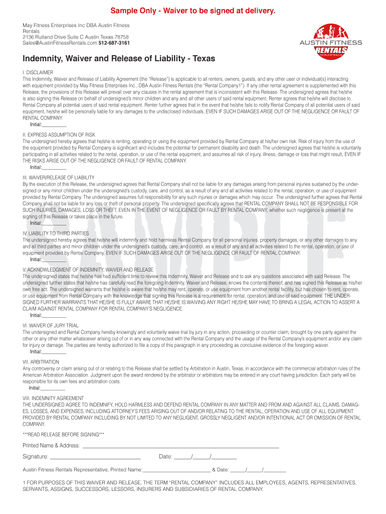 Fillable Online Sample Only - Waiver to be signed at delivery Fax Email ...