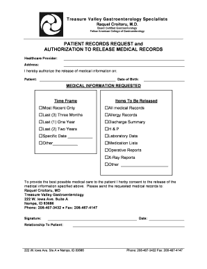Fillable Online RECORDS REQUEST and AUTHORIZATION TO RELEASE MEDICAL ...