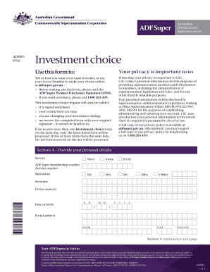 Fillable Online adfsuper gov ADF Super - Investment choice. ADF Super ...