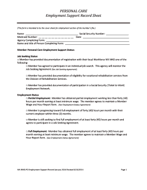 Fillable Online dhhr wv PERSONAL CARE Employment Support Record Sheet ...