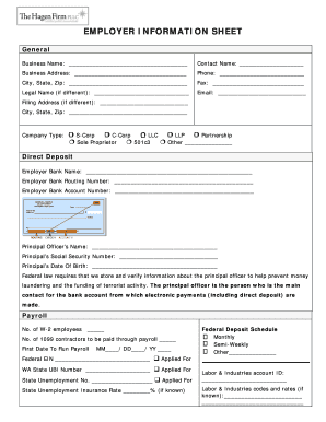 Fillable Online EMPLOYER INFORMATION SHEET - Hagen Firm Fax Email Print - pdfFiller