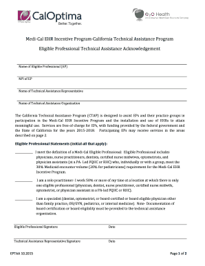 Fillable Online caloptima Medi-Cal EHR Incentive Program-California ...