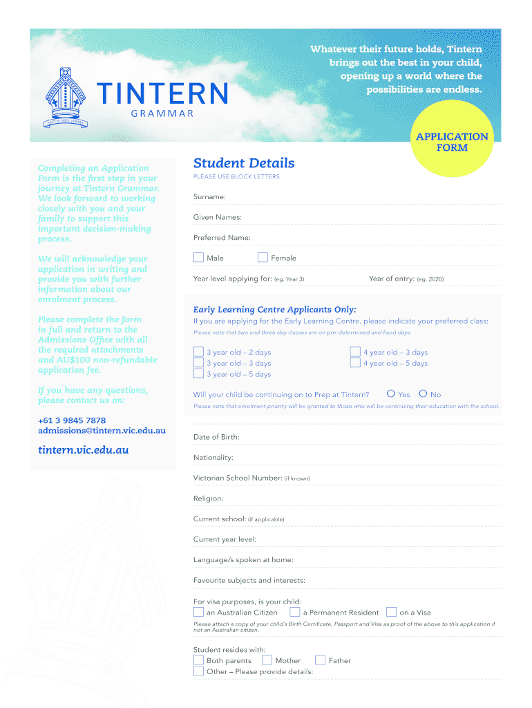 Fillable Online tintern vic edu FORM Student Details - Tintern Grammar ...