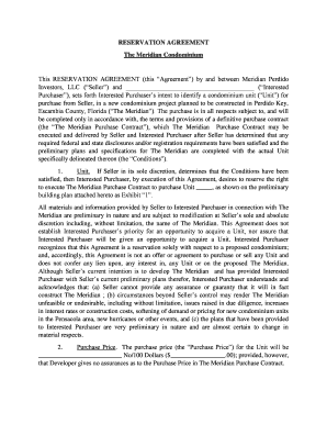 Fillable Online RESERVATION AGREEMENT The Meridian Condominium Fax ...