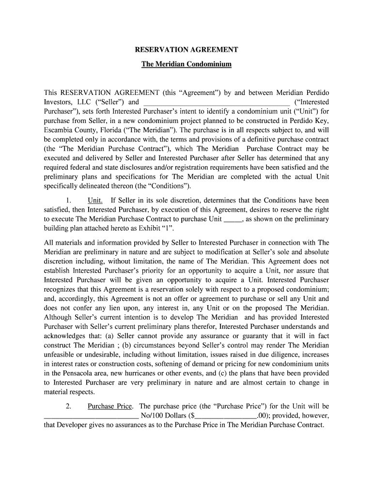Fillable Online RESERVATION AGREEMENT The Meridian Condominium Fax Email Print - pdfFiller