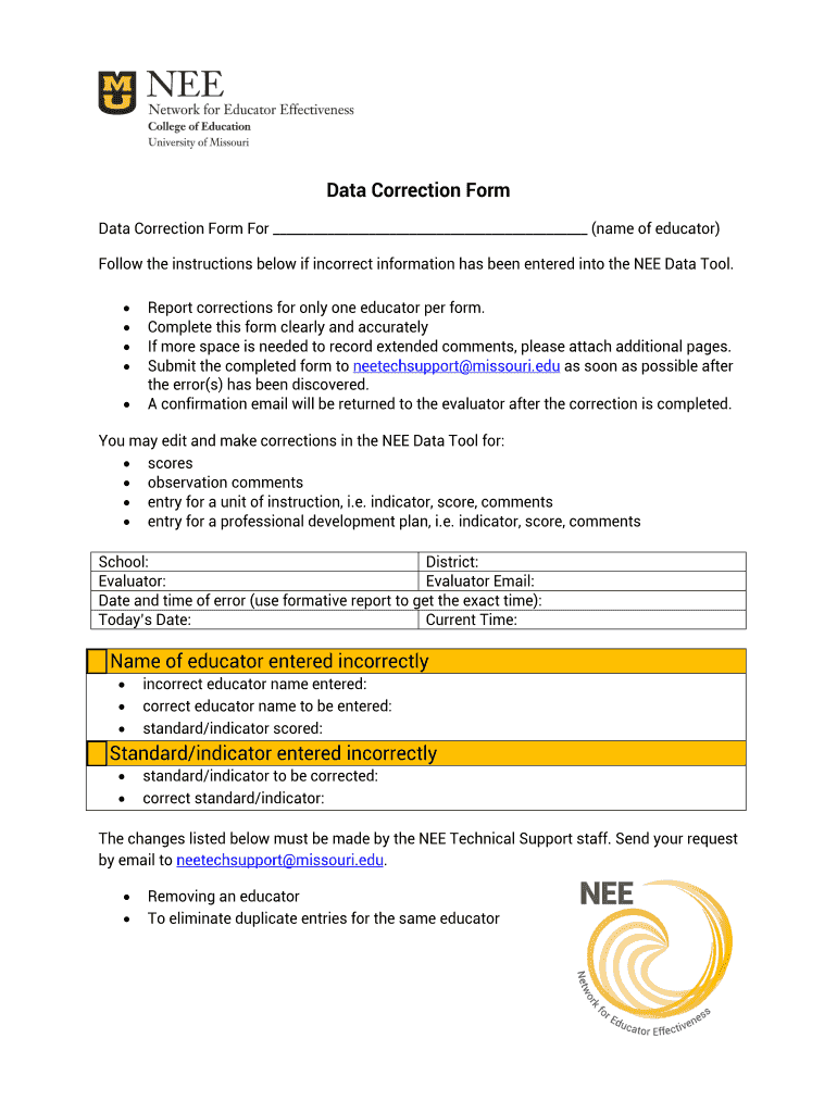 Fillable Online nee missouri Data Correction Form For (name of educator ...
