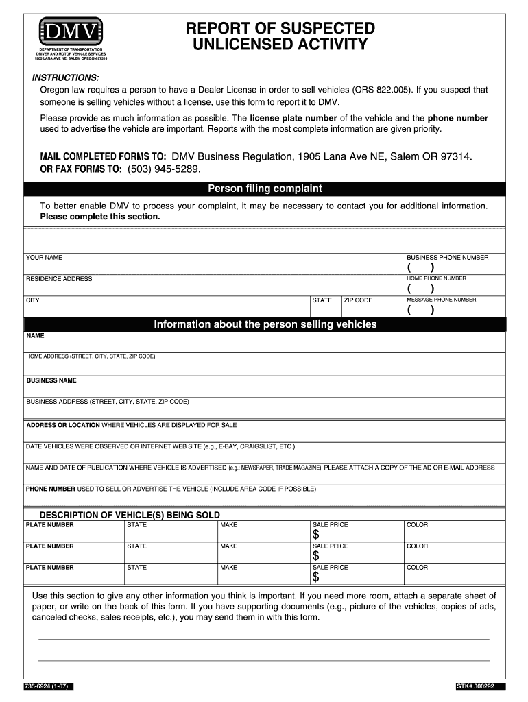 Fillable Online odot state or DMV REPORT OF SUSPECTED UNLICENSED ...