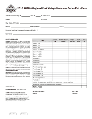 Fillable Online ahrmapvnw 2016 AHRMA Regional Post Vintage Motocross ...