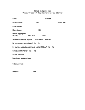 Fillable Online Mt. Cain Application Form Please underline or bold the ...