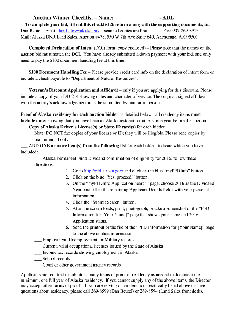 Fillable Online dnr alaska Auction Winner Checklist - dnr alaska Fax ...