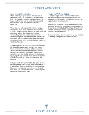 Fillable Online BUDGET WORKSHEET - Continuum II Fax Email Print - pdfFiller