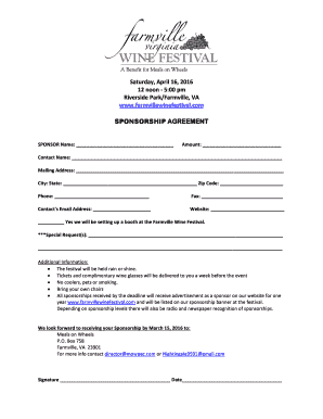 Fillable Online SPONSORSHIP AGREEMENT - Farmville Wine Festival Fax ...