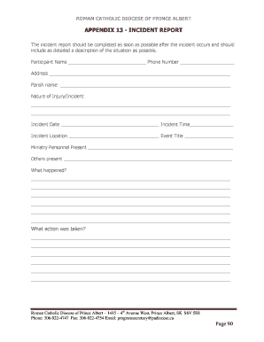 Fillable Online padiocese APPENDIX 13 - INCIDENT REPORT Fax Email Print ...
