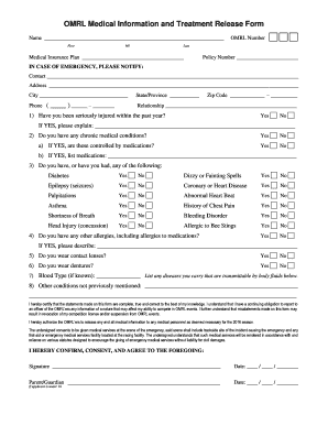 Fillable Online OMRL Medical Information and Treatment Release Form Fax ...