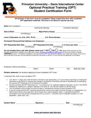 Fillable Online princeton OPT Student Certification Form - Princeton ...