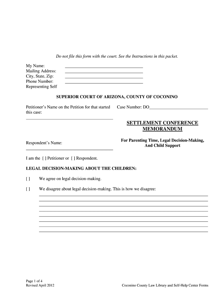 Fillable Online coconino az SETTLEMENT CONFERENCE MEMORANDUM FOR ...