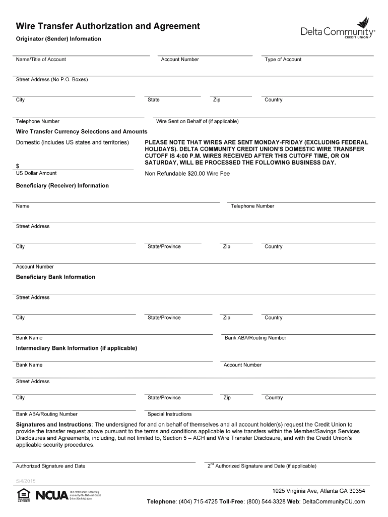 Fillable Online Wire Transfer Authorization Form for Delta Community ...