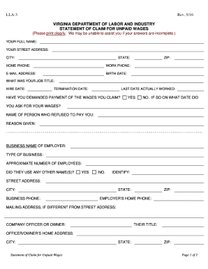 Fillable Online doli virginia VIRGINIA DEPARTMENT OF LABOR AND INDUSTRY ...