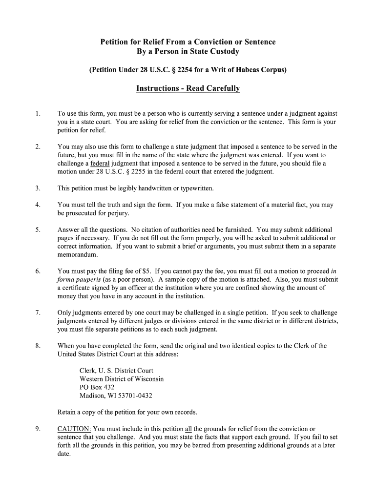 Fillable Online Petition for Relief From a Conviction or Sentence By a ...