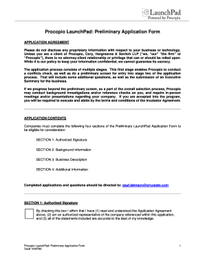 Fillable Online Procopio LaunchPad: Preliminary Application Form Fax ...