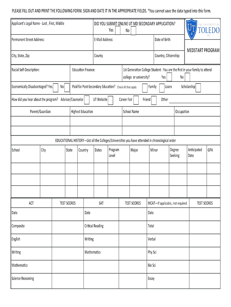 Fillable Online utoledo PLEASE FILL OUT AND PRINT THE FOLLOWING FORM ...