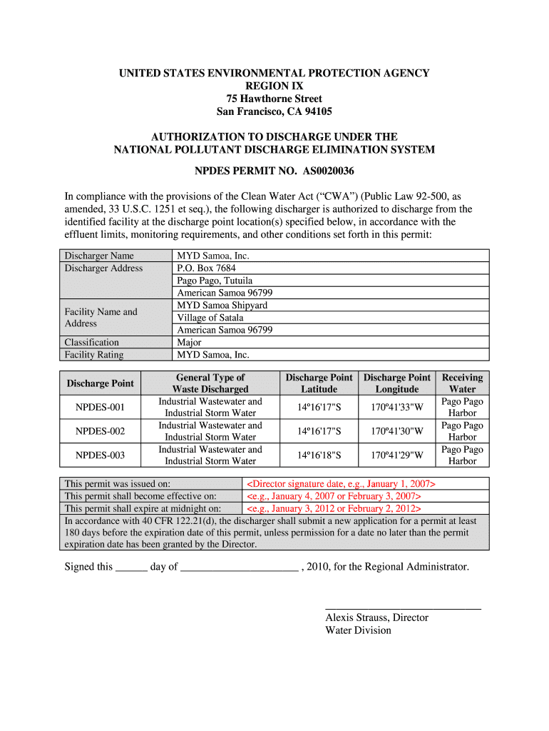 Fillable Online "Authorization To Discharge Under The National ...