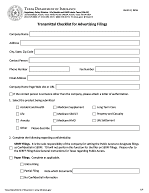 Fillable Online Transmittal Checklist for Advertising ... - tdi.state ...