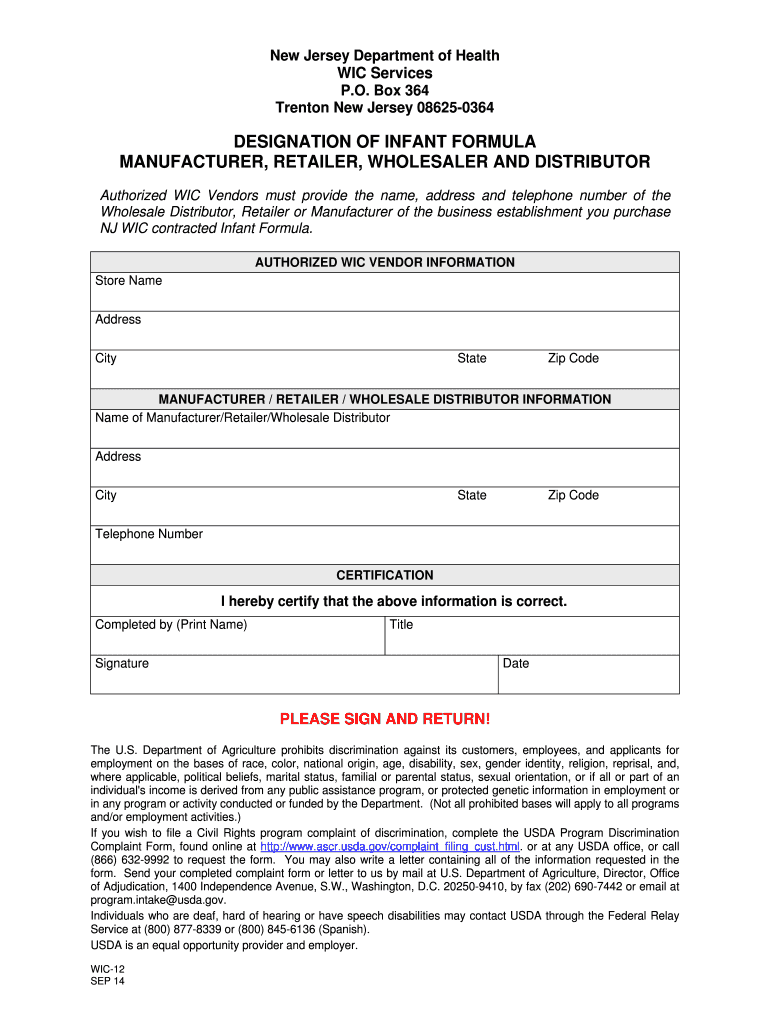 Fillable Online state nj DESIGNATION OF INFANT FORMULA MANUFACTURER ...