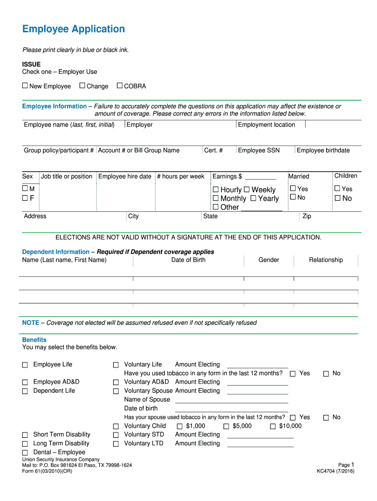 Fillable Online Employee Application - Assurant Employee Benefits Fax ...
