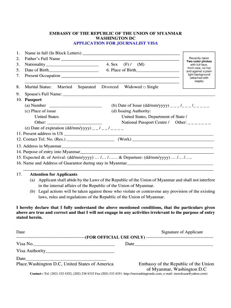 Fillable Online Journalist Visa - Embassy of the Republic of the Union ...