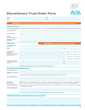 Fillable Online acis net Discretionary Trust Order Form - Acis Fax ...