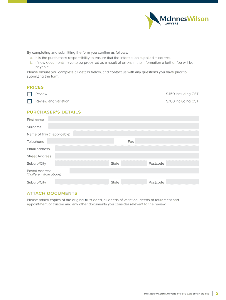 Fillable Online APPLICATION FORM Discretionary trust deed review Fax ...