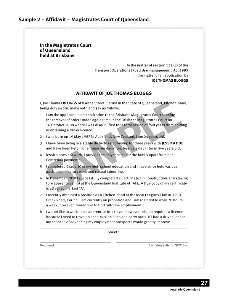 Fillable Online Sample 2 Affidavit Magistrates Court of Queensland Fax ...