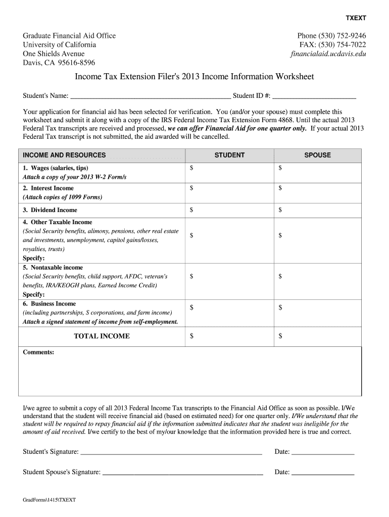 Fillable Online Income Tax Extension Filer 's 2013 Income Information ...