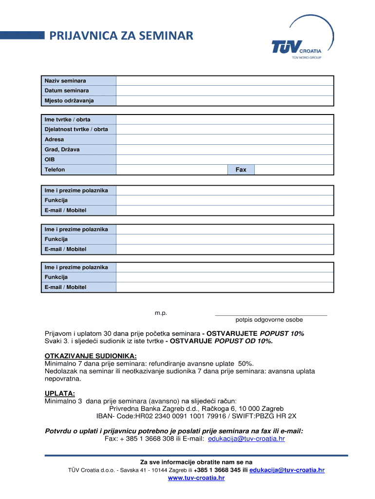 Fillable Online PRIJAVNICA ZA SEMINAR - tuv-nord.com Fax Email Print ...