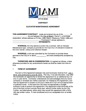 Fillable Online CONTRACT ELEVATOR MAINTENANCE AGREEMENT THIS AGREEMENT ...