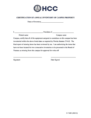 Fillable Online hccfl CERTIFICATION OF ANNUAL INVENTORY OF CAMPUS ...