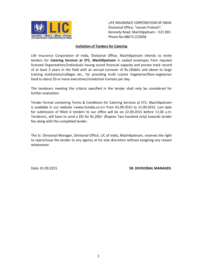 Fillable Online licindia Invitation of Tenders for Catering Catering Services at ... Fax Email ...