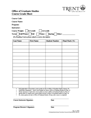 Fillable Online trentu Grade Submission Sheet - Trent University Fax Email Print - pdfFiller