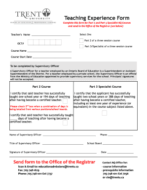 Fillable Online trentu Teaching Experience Form - Trent University - trentu Fax Email Print ...