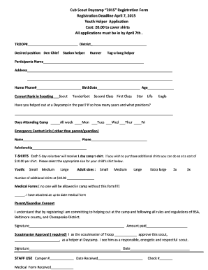 Fillable Online Cub Scout Daycamp 2015 Registration Form Registration ...