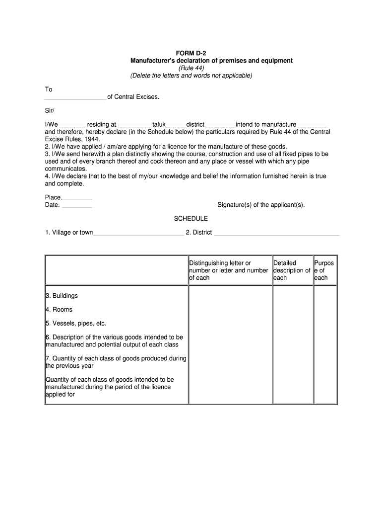 Fillable Online Manufacturer 's declaration of premises and equipment ...