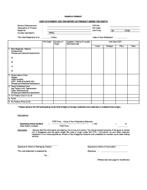 Fillable Online SAMPLE FORMAT COST STATEMENT FOR THE EXPORT OF PRODUCT ...