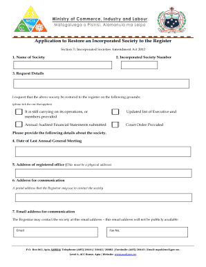 Fillable Online MCIL Application to Restore an Incorporated Society ...