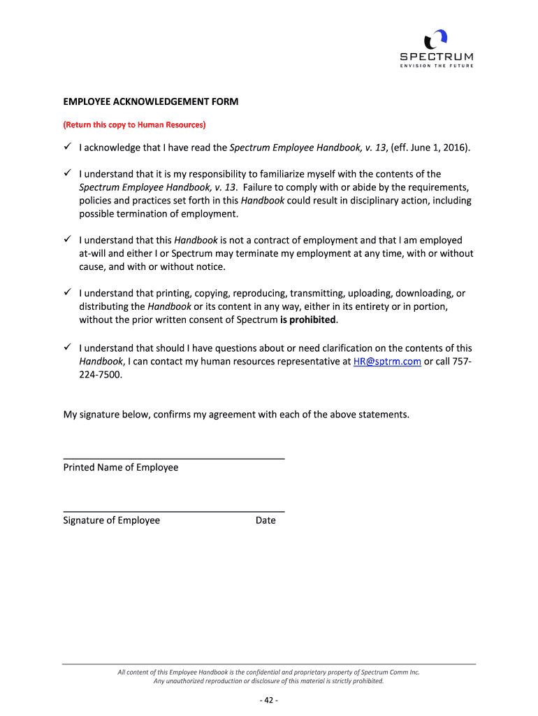 Fillable Online EMPLOYEE ACKNOWLEDGEMENT FORM - assets.sptrm.com Fax ...