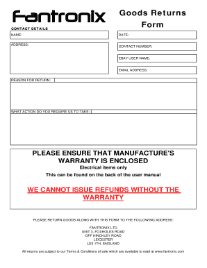 Fillable Online Goods Returns Form - Fantronix Limited Fax Email Print ...