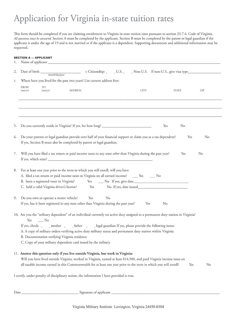 Fillable Online vmi Application for Virginia in-state tuition rates ...