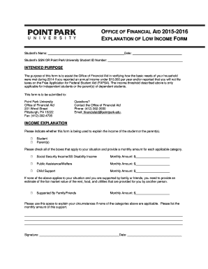 Fillable Online pointpark EXPLANATION OF LOW INCOME FORM - pointpark Fax Email Print - pdfFiller