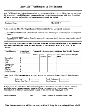 Fillable Online seark 16-17 Verification of Low Income Worksheet ...