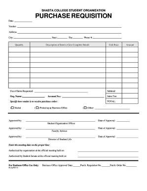 Fillable Online SHASTA COLLEGE STUDENT ORGANIZATION PURCHASE ...